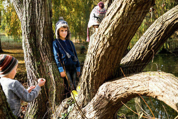 Three young boys, leaning against tree - Royalty-free Stock Photo ...