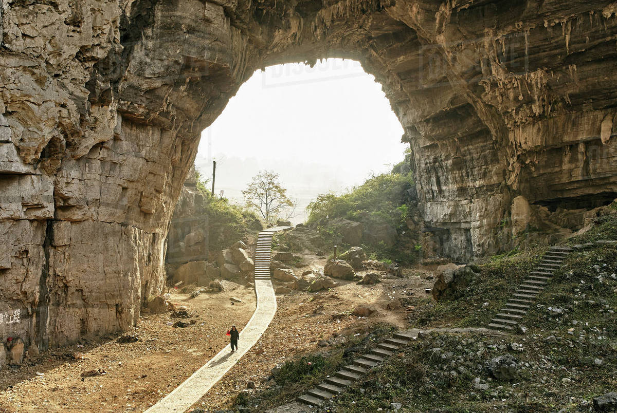 Landscape view of Moon Cave and pathway, Yongzhou, Hunan Province ...