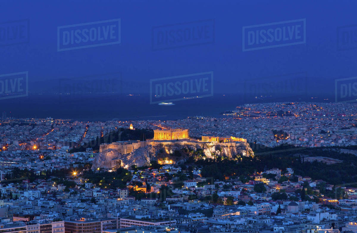 The Acropolis illuminated at night, Athens, Attiki, Greece, Europe ...