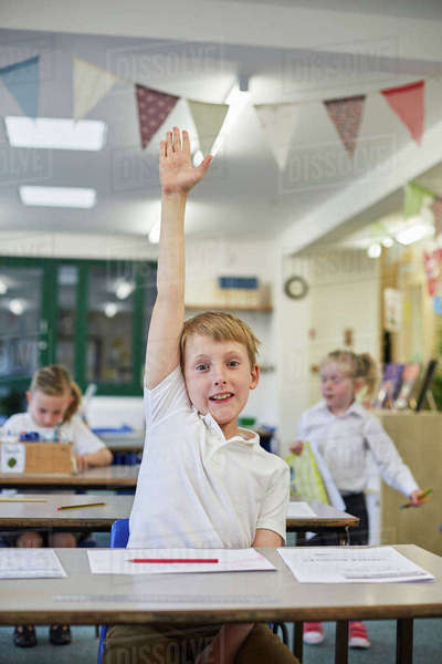 Schoolboy with hand up in classroom at primary school - Royalty-free ...