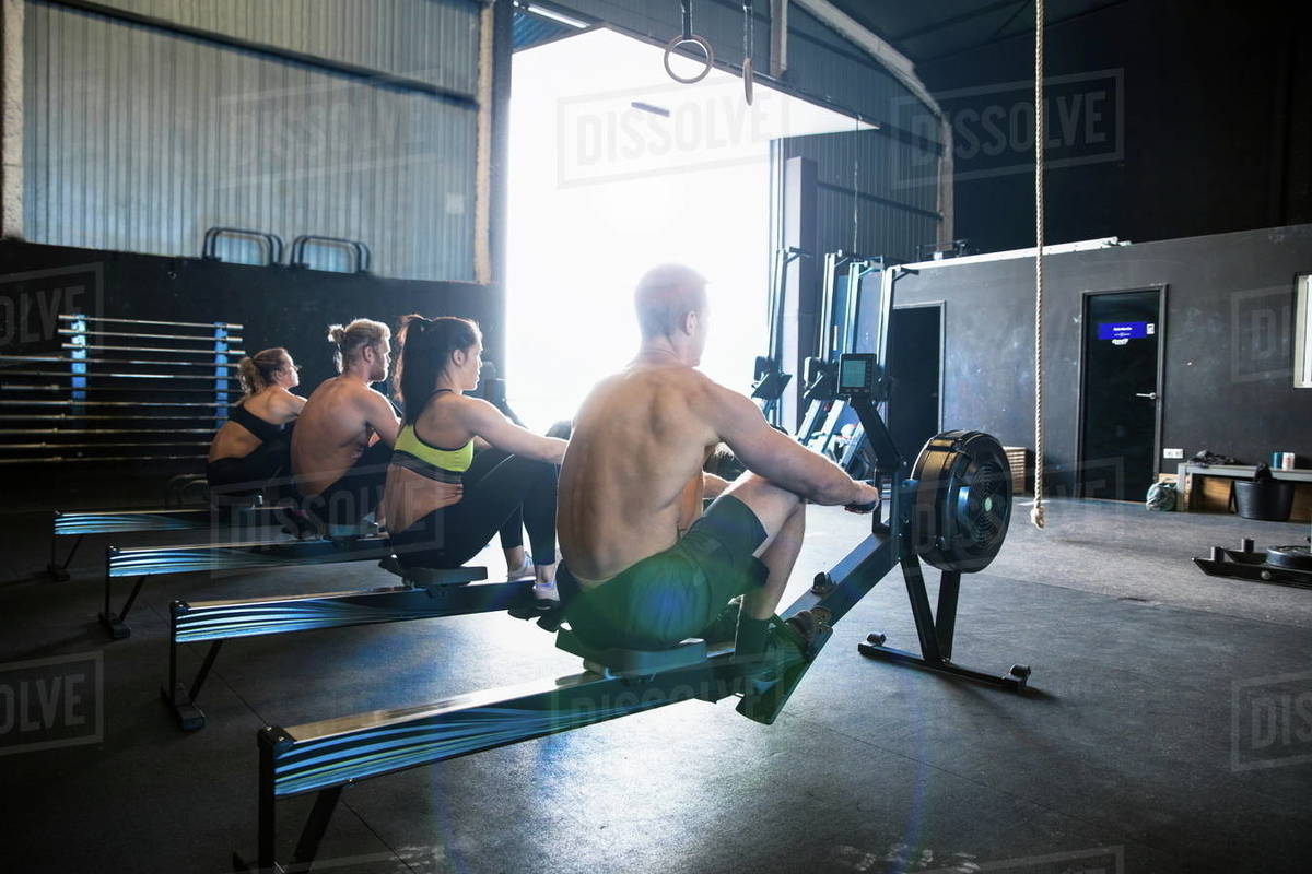 Group of people exercising in gymnasium, using rowing machines, rear ...