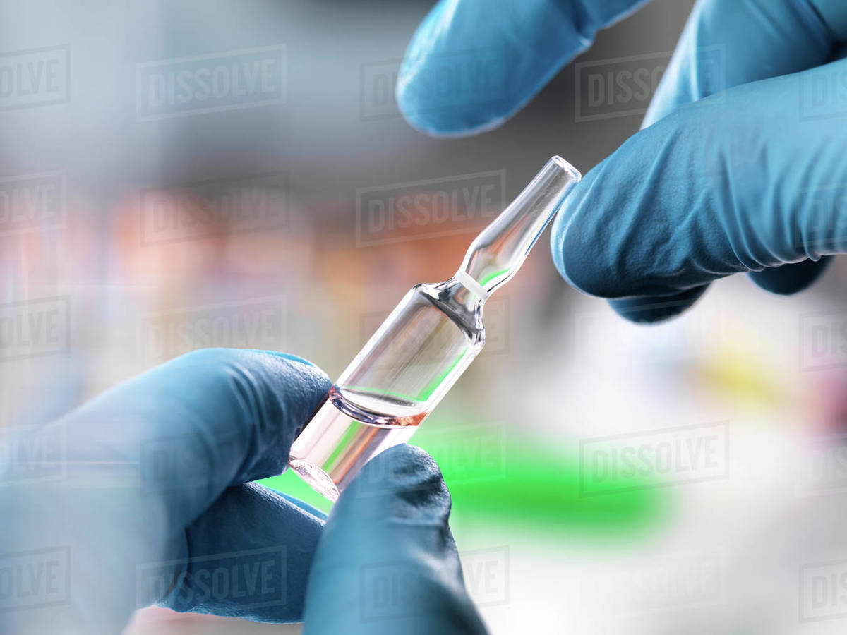 Doctor preparing a experimental drug held in a ampule during a medical ...