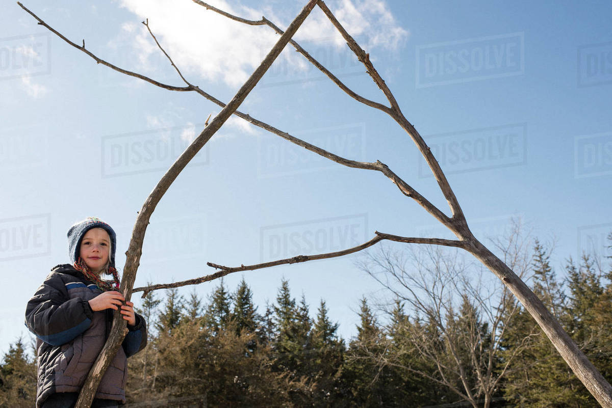 Portrait of boy holding tree branch looking at camera - Royalty-free ...