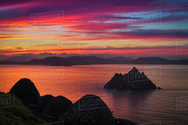 Skellig Michael at sunset, Portmagee, Kerry, Ireland - Stock Photo ...