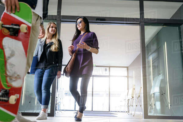 Students entering college building by glass doors - Stock Photo - Dissolve