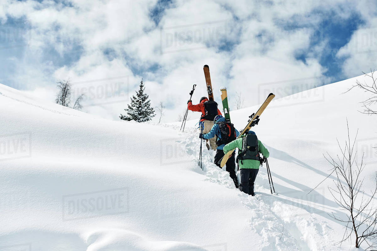 Male skiers trudging up snow covered mountain, rear view, Alpe-d'Huez ...