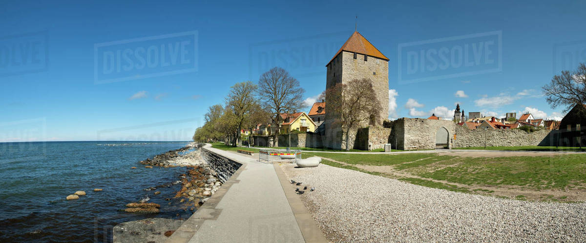 Panoramic view of coast in historic city, Visby, Gotlands Lan, Sweden ...
