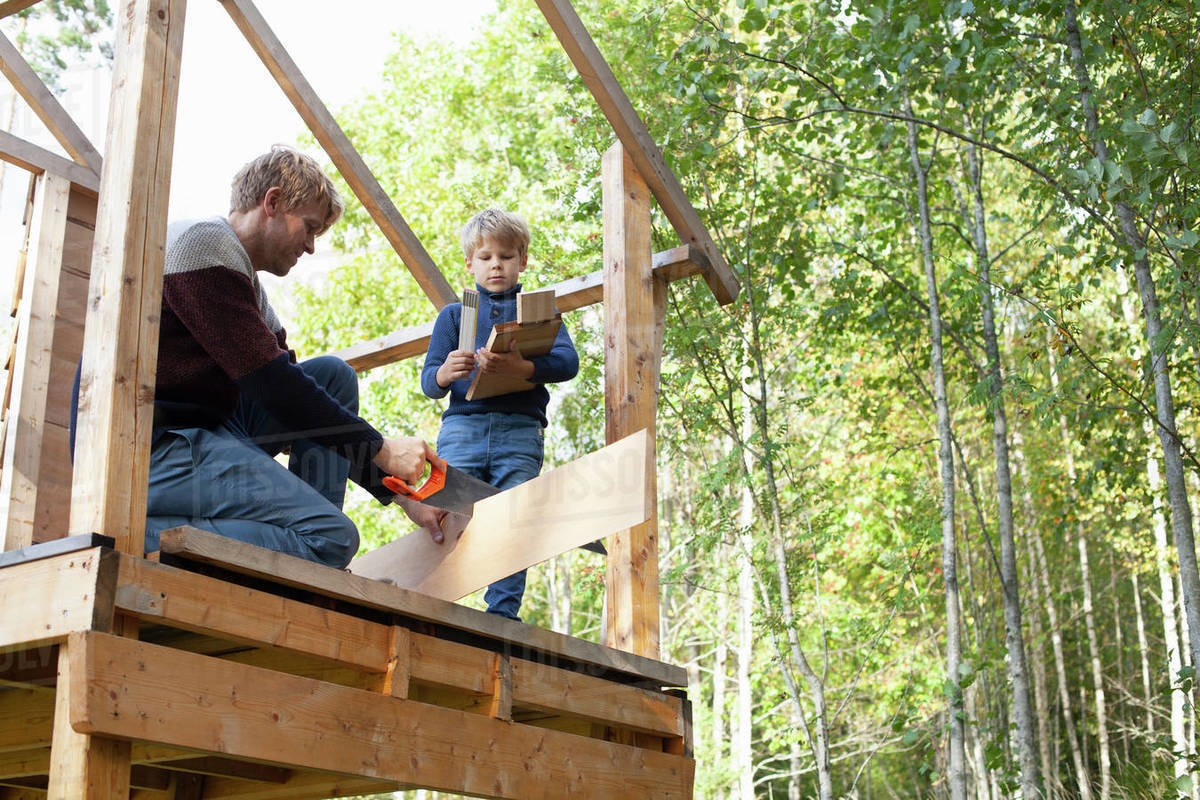 Father and son building treehouse together in garden - Royalty-free ...