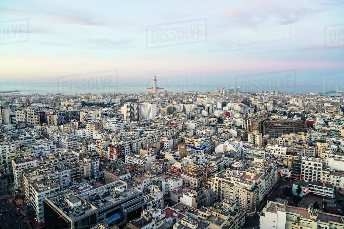 Cityscape by sunset with Casablanca Grand Moche mosque in Morocco ...