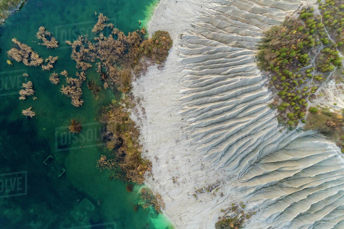 Aerial view of the lake by the underwater soviet prison in Rummu quarry ...