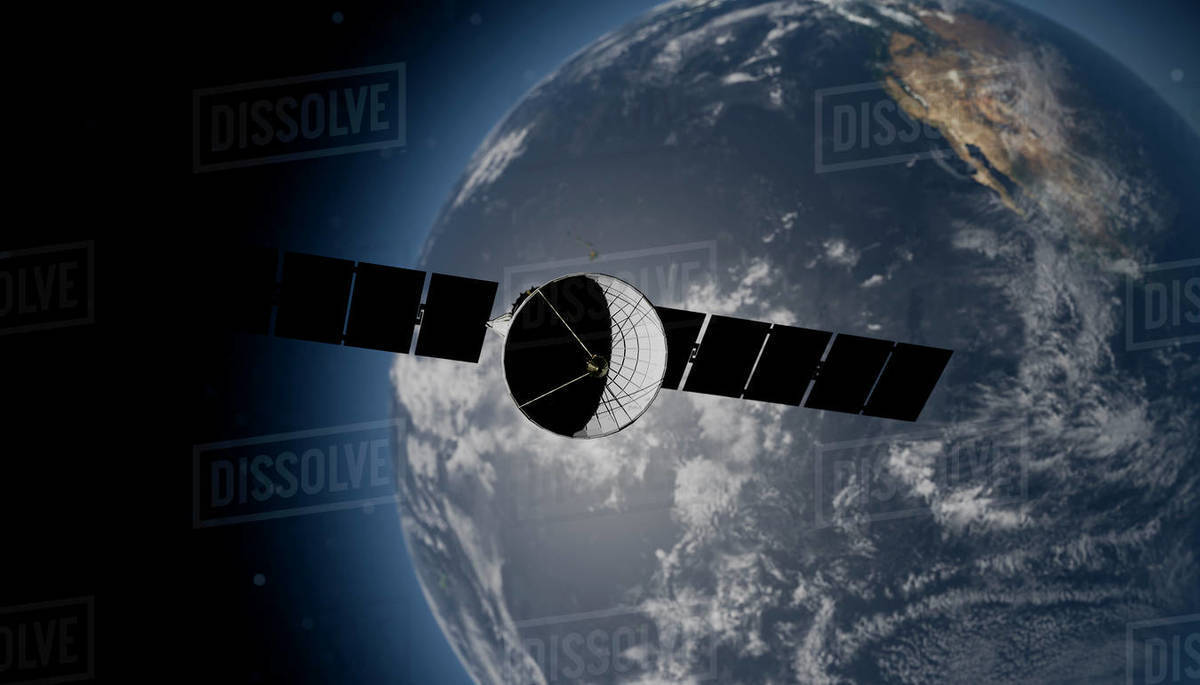 Illustration of a satellite orbits Earth against the backdrop of space ...