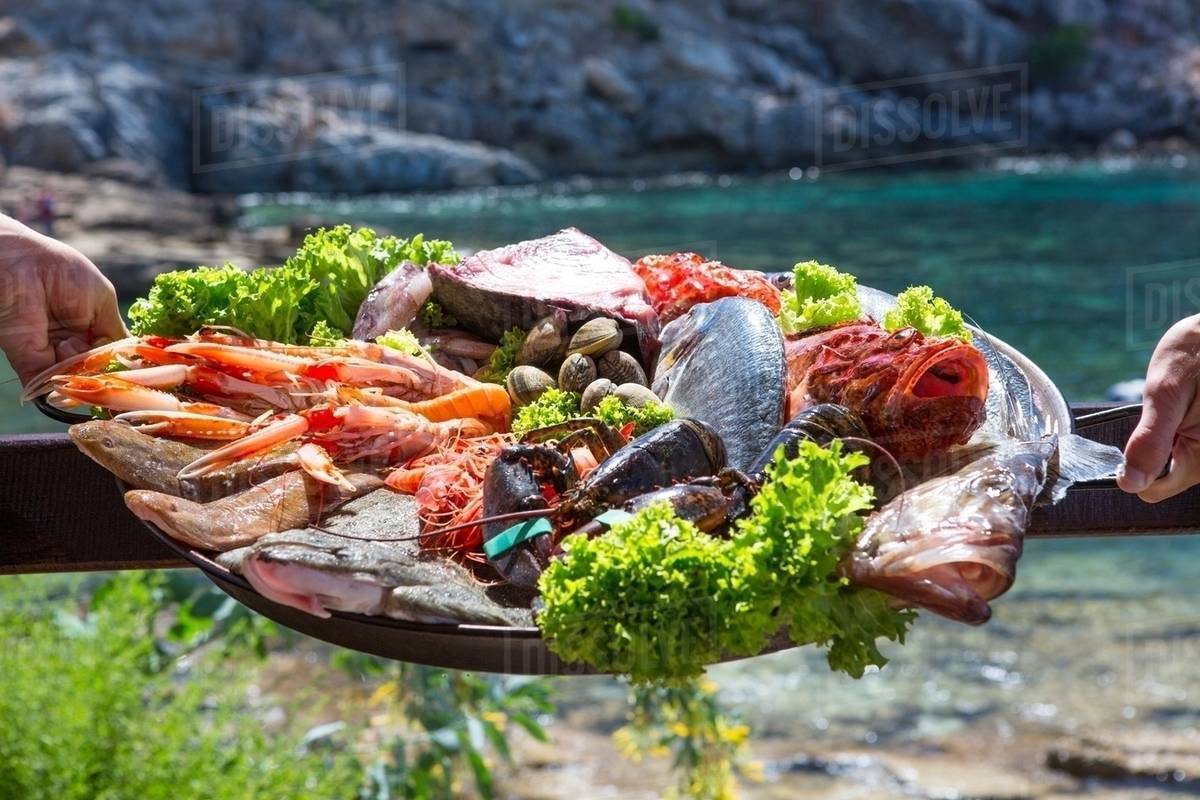 Hand of waitress and waiter with fresh seafood platter, Mallorca, Spain ...