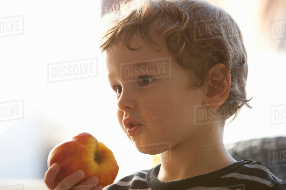 Close up of boy eating apple - Stock Photo - Dissolve