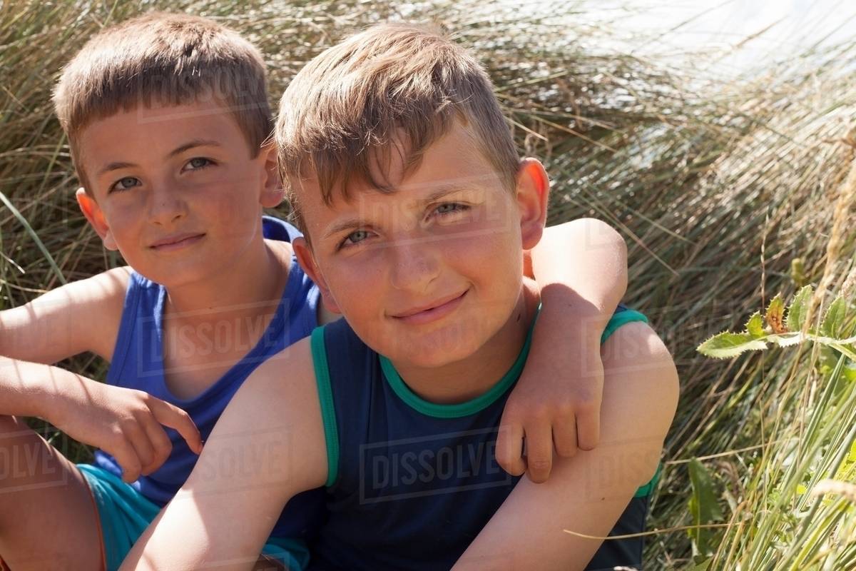 Portrait of two brothers, Wales, UK - Stock Photo - Dissolve