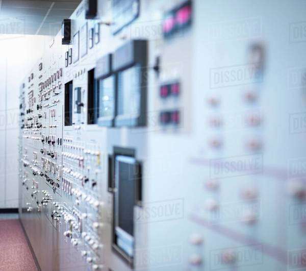 Detail of nuclear power station control room simulator, close up ...