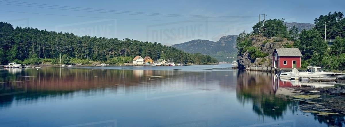 Panoramic view of fjord and village, Mosterhamn, Norway - Royalty-free ...