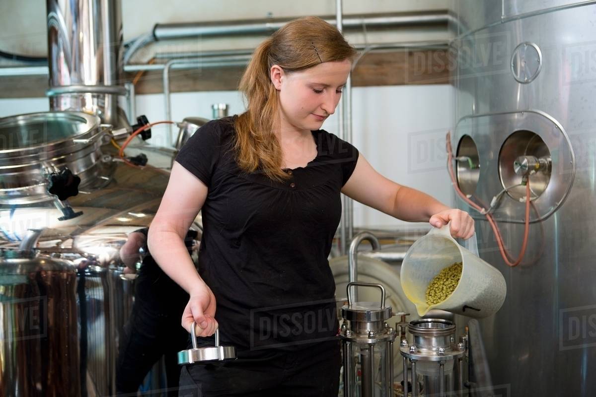 Female brewer working in brewhouse - Stock Photo - Dissolve