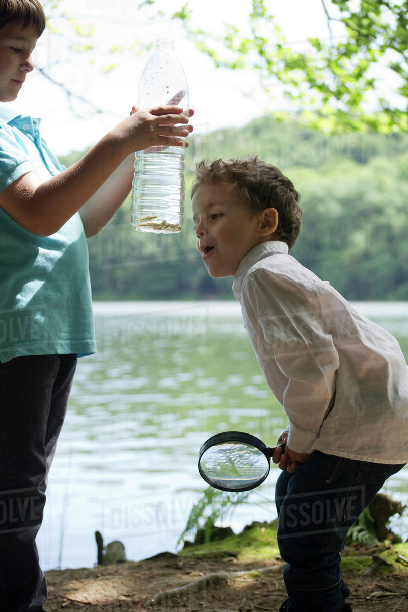 Children studying fish in water bottle - Royalty-free Stock Photo ...