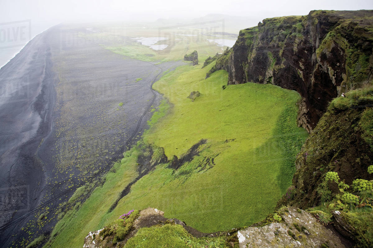 Cliffs overlooking black sand beach, Dyrh laey peninsula, Iceland ...