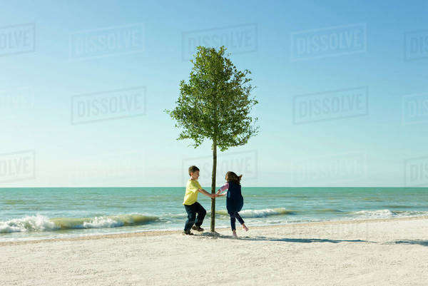 Children dancing around tree growing on beach - Stock Photo - Dissolve