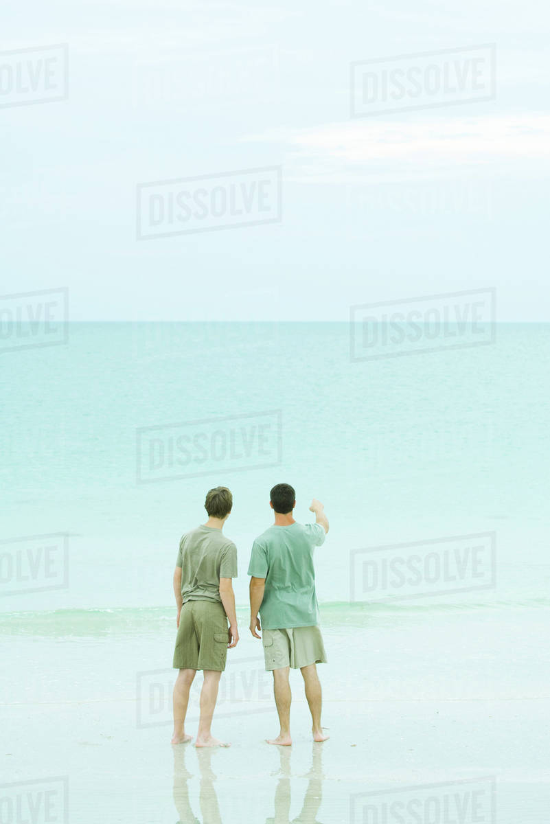 Two men standing on beach looking at the horizon - Royalty-free Stock ...