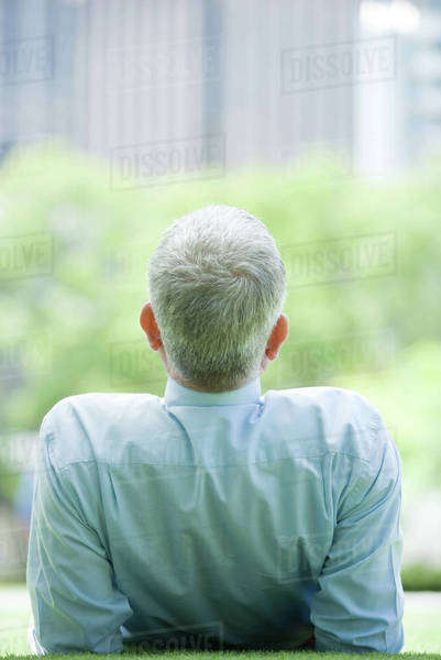 Mature man reclining on ground outdoors, rear view - Stock Photo - Dissolve