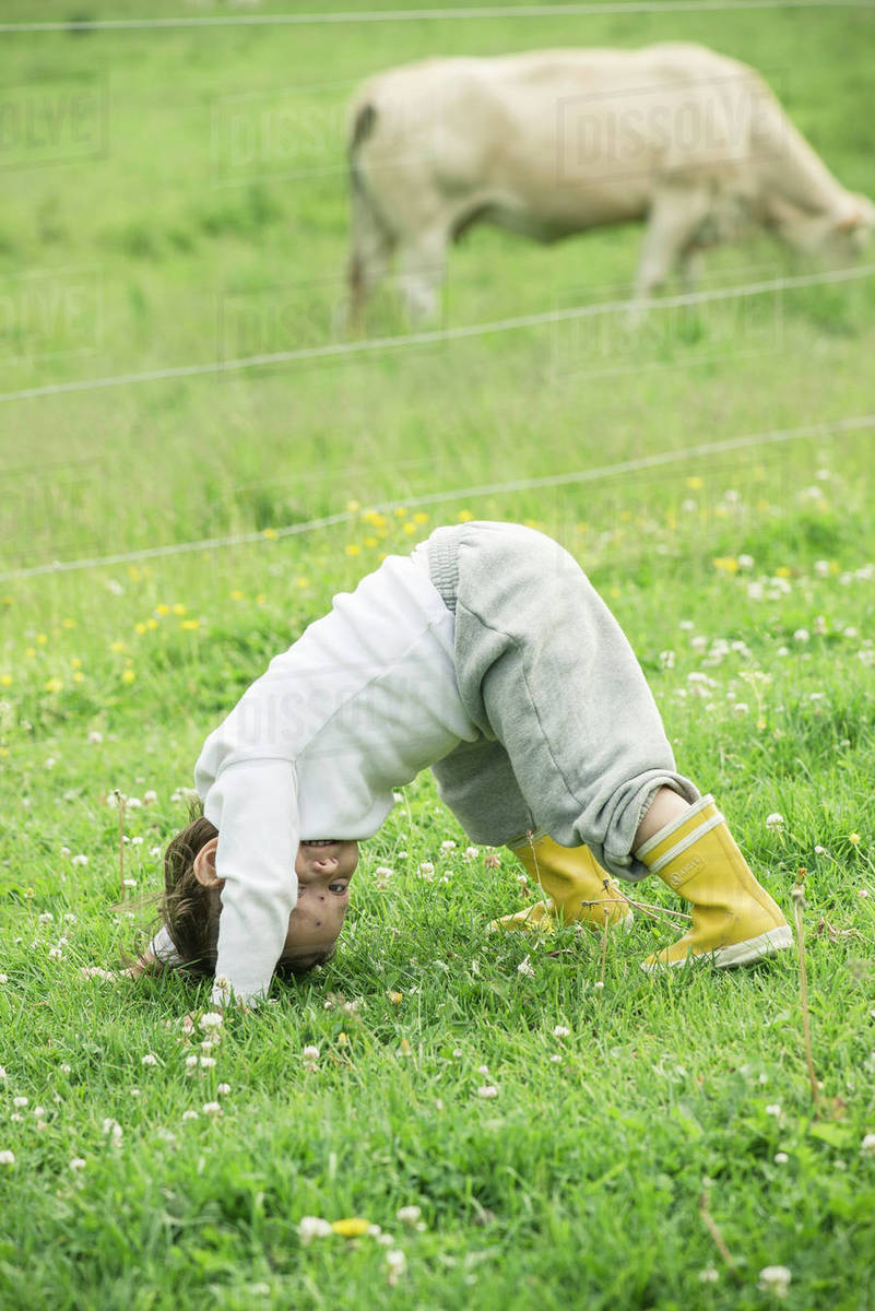 Child playing in grass on farm - Stock Photo - Dissolve
