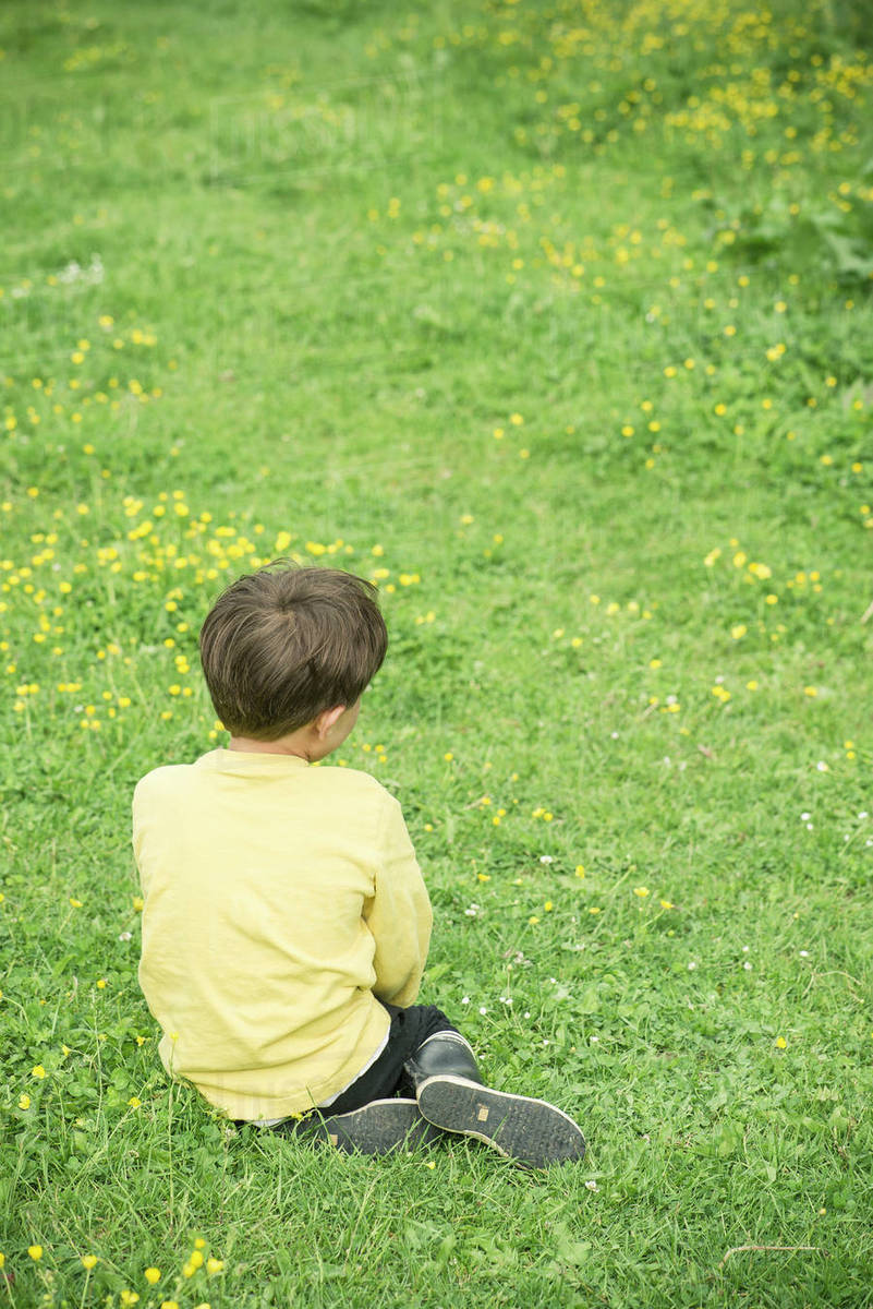 Boy sitting alone in grass, rear view - Royalty-free Stock Photo | Dissolve