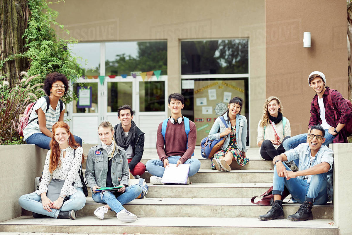 College students sitting outdoors on campus, portrait - Stock Photo ...