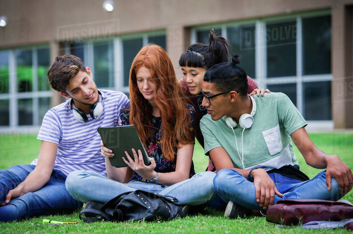 College students sitting on lawn looking at digital tablet together ...