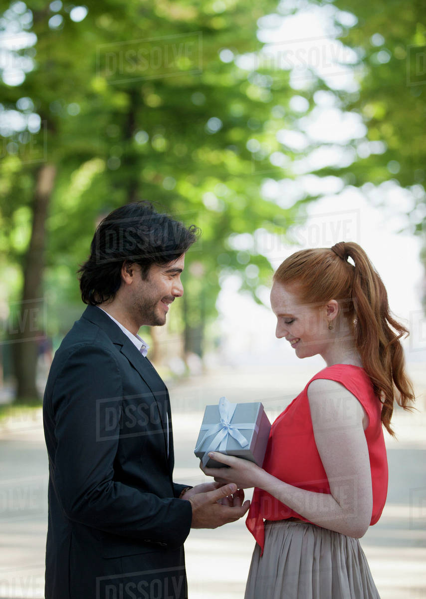 Man giving woman gift in park - Stock Photo - Dissolve