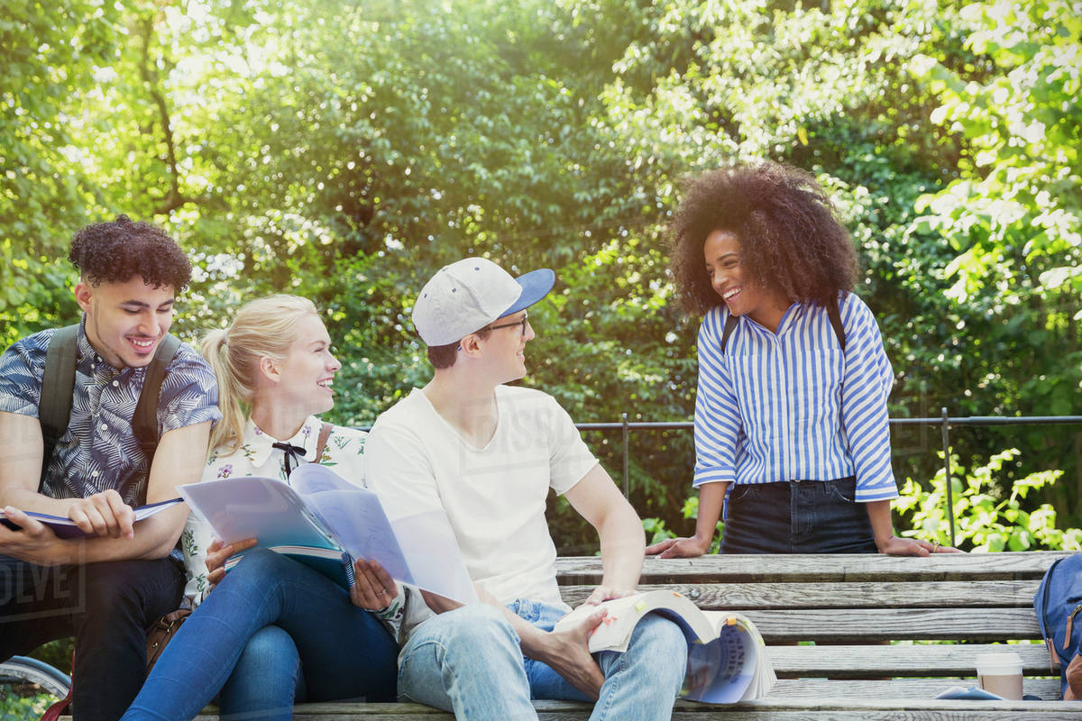 College students hanging out studying on park bench - Stock Photo ...