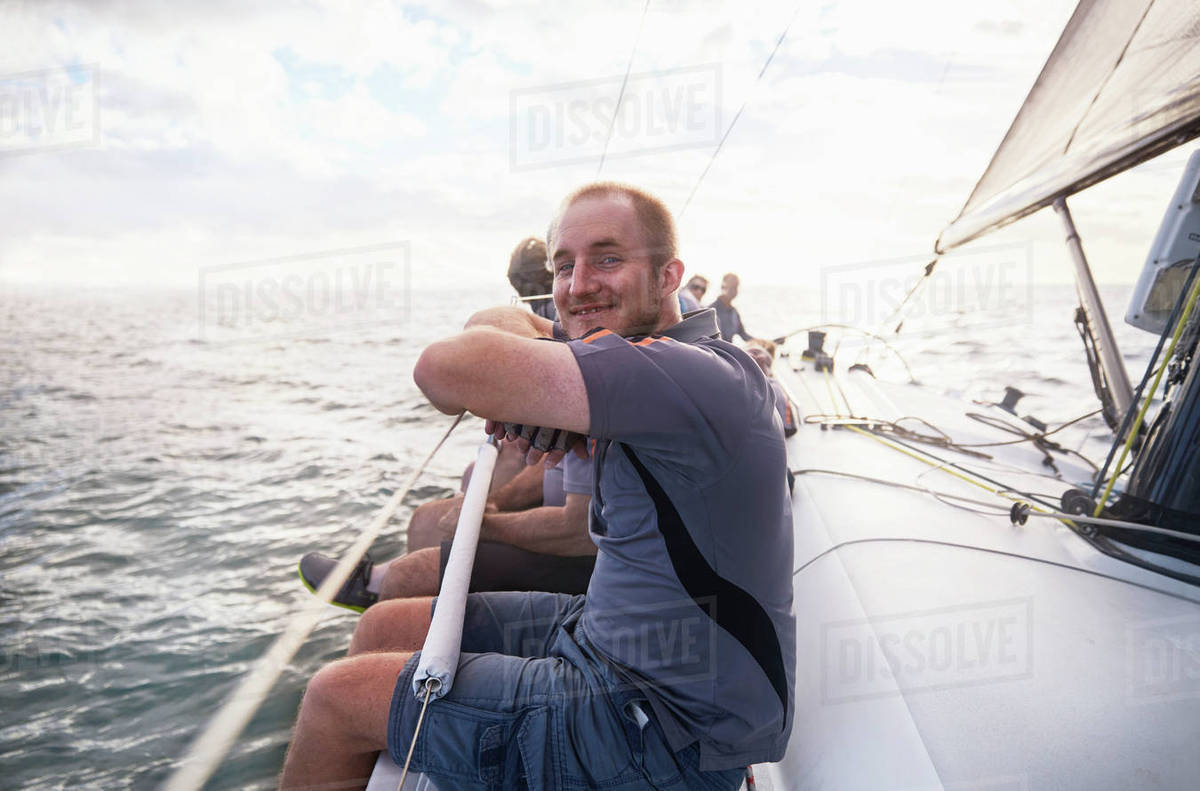 Portrait smiling man sailing on sailboat - Royalty-free Stock Photo ...