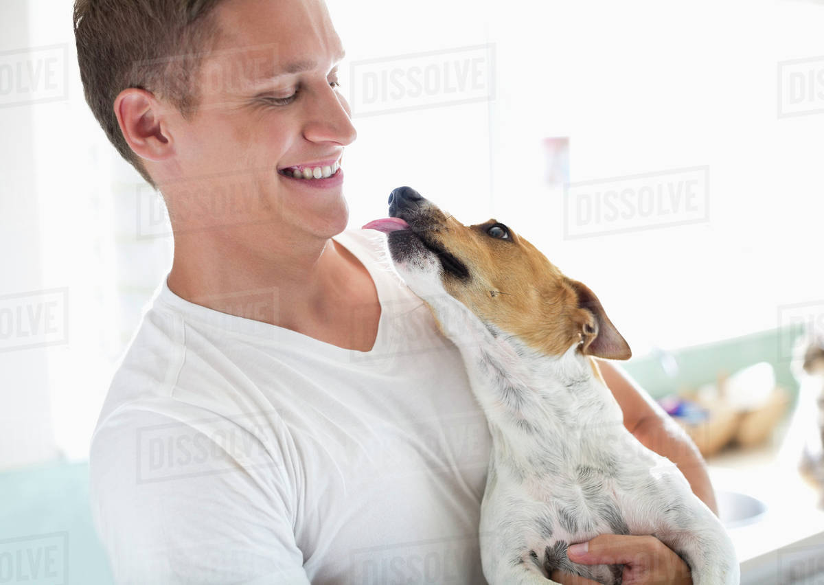 Smiling man holding dog - Royalty-free Stock Photo | Dissolve