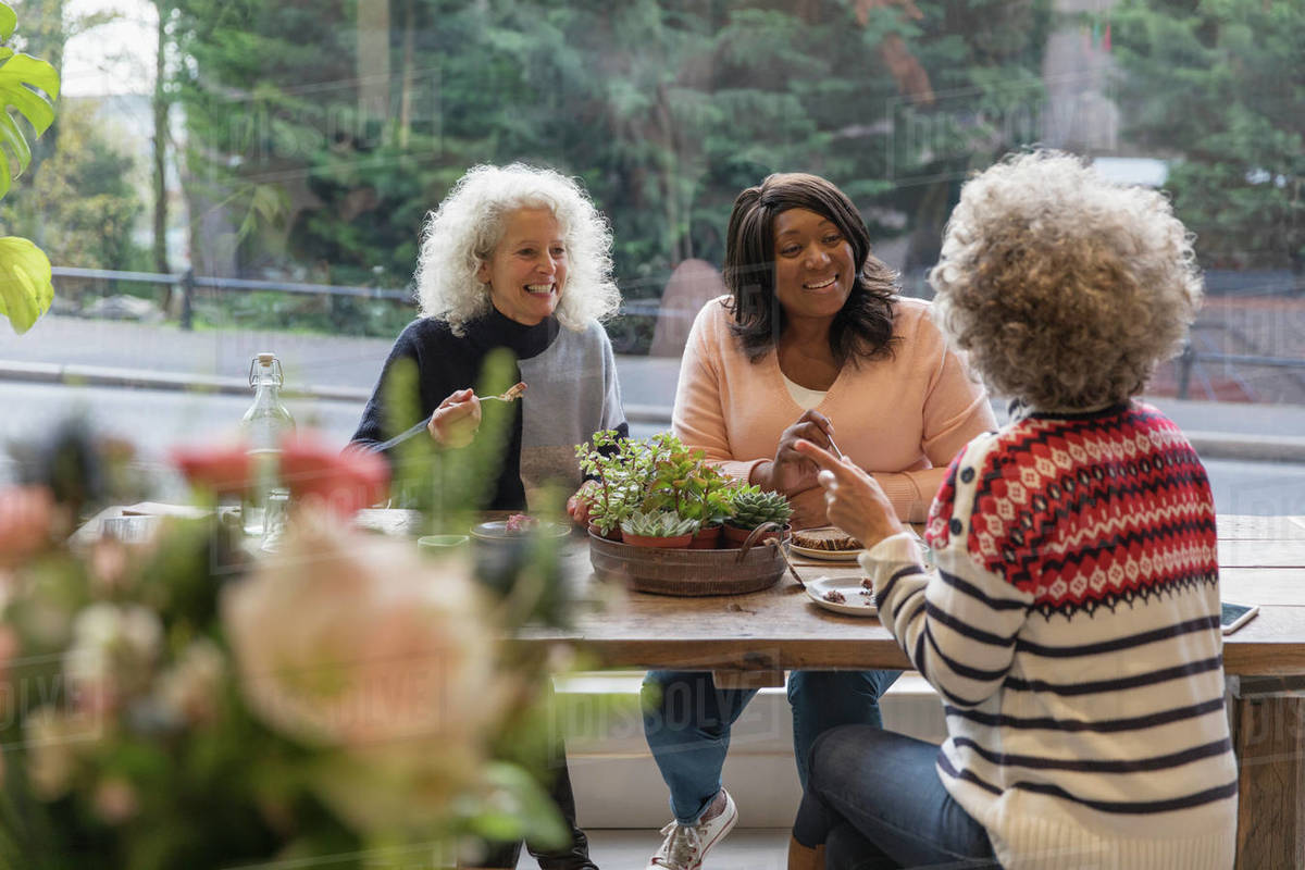 Women friends talking and eating lunch at cafe - Stock Photo - Dissolve
