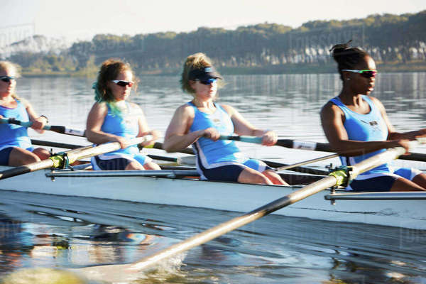Female rowers rowing scull on sunny lake - Stock Photo - Dissolve
