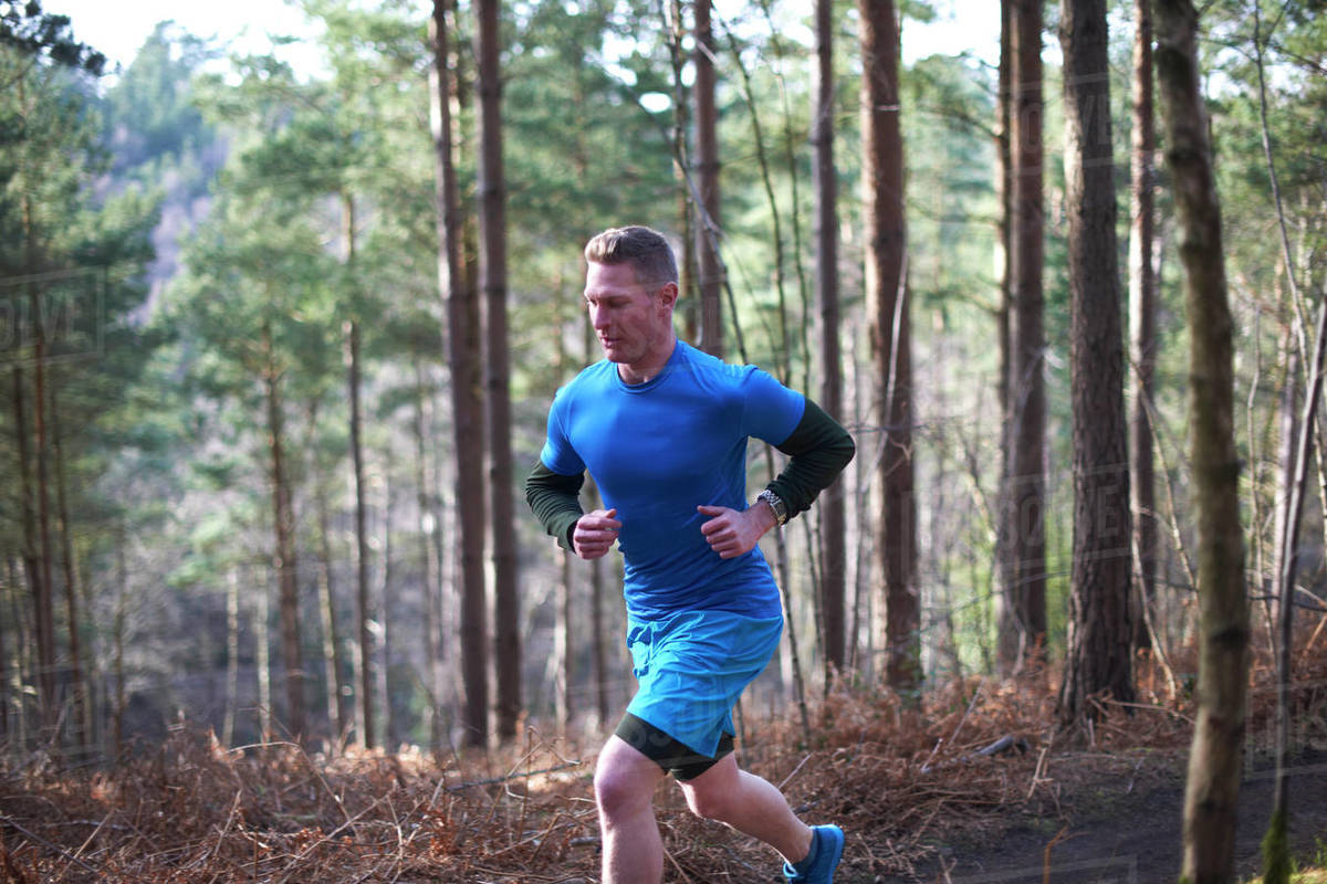 Man running on trail in sunny autumn woods - Royalty-free Stock Photo ...