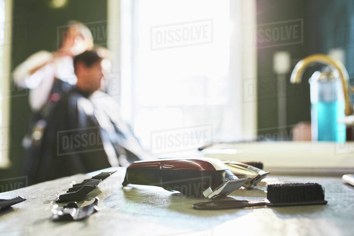 Razor, brush and tools on barbershop counter - Royalty-free Stock Photo ...