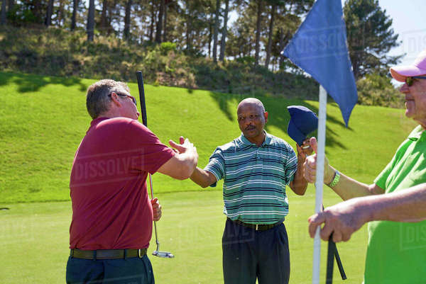 Male golfers shaking hands at pin on sunny golf course - Royalty-free ...