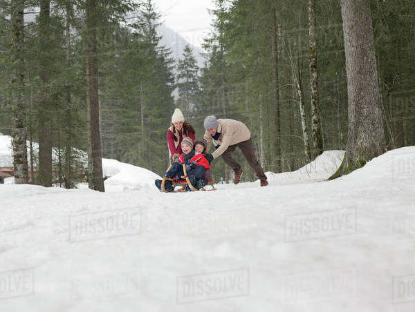 Family sledding in snowy woods - Royalty-free Stock Photo | Dissolve