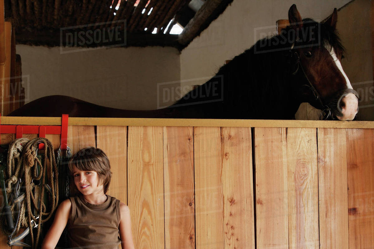 Boy in stable next to horse - Stock Photo - Dissolve