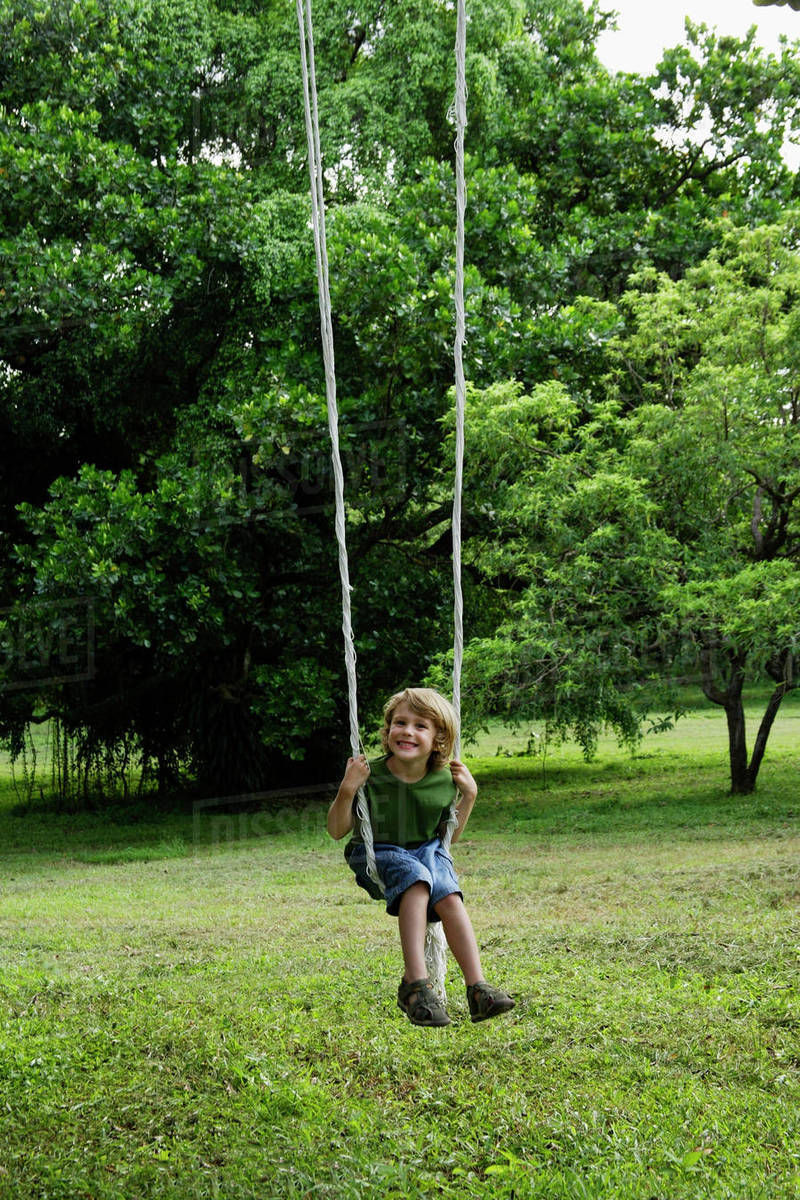 Little boy sitting in a tree swing. - Royalty-free Stock Photo | Dissolve