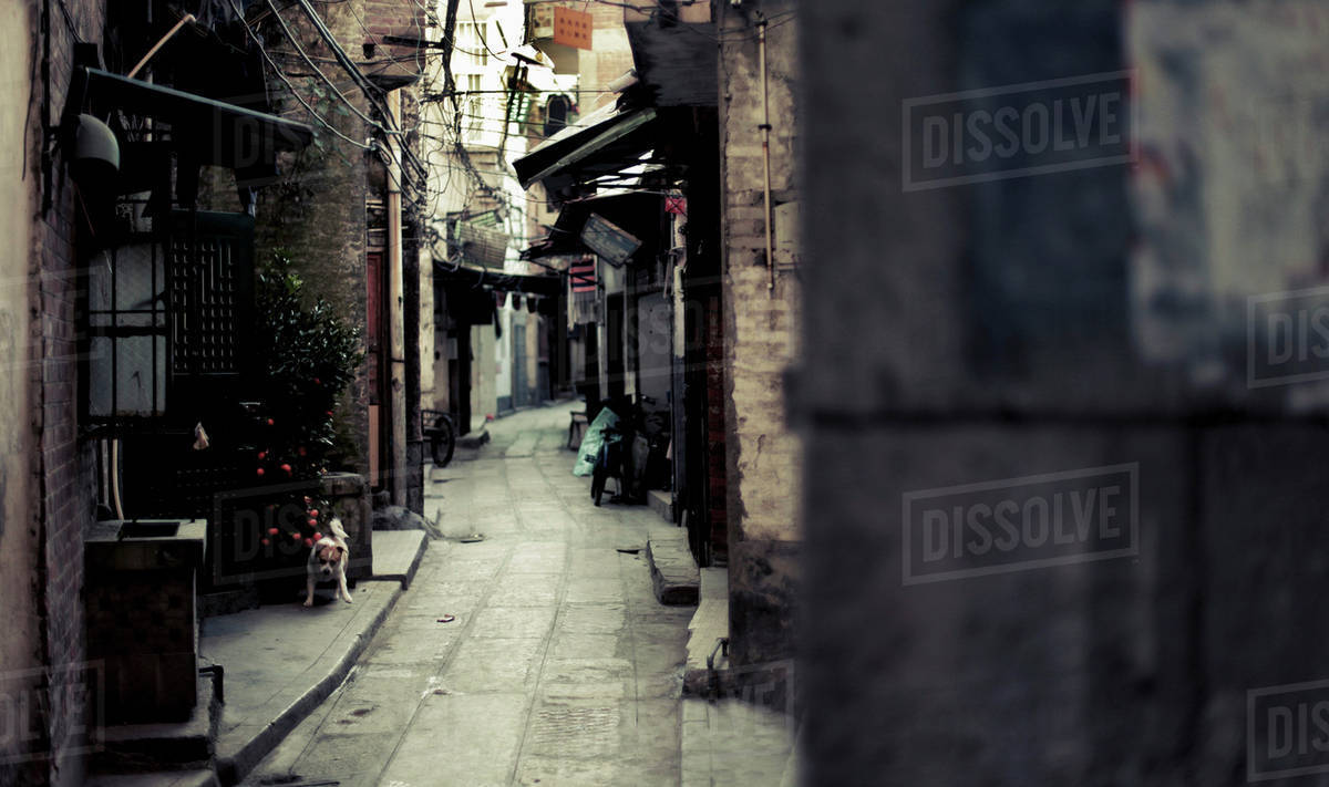 Narrow lane between houses, Guangzhou, China - Stock Photo - Dissolve