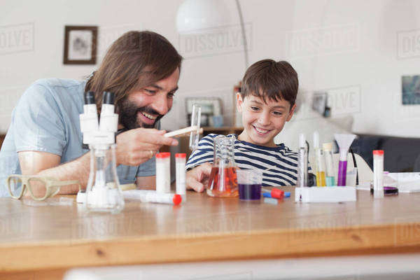 Father and son working on school science project at home - Stock Photo ...
