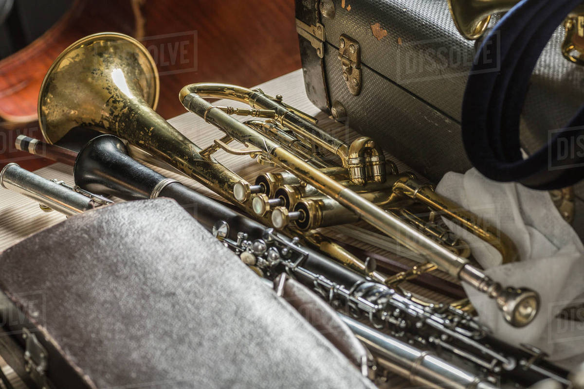 High angle view of musical instruments on floor - Royalty-free Stock ...