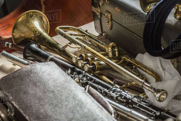 High angle view of musical instruments on floor - Royalty-free Stock ...