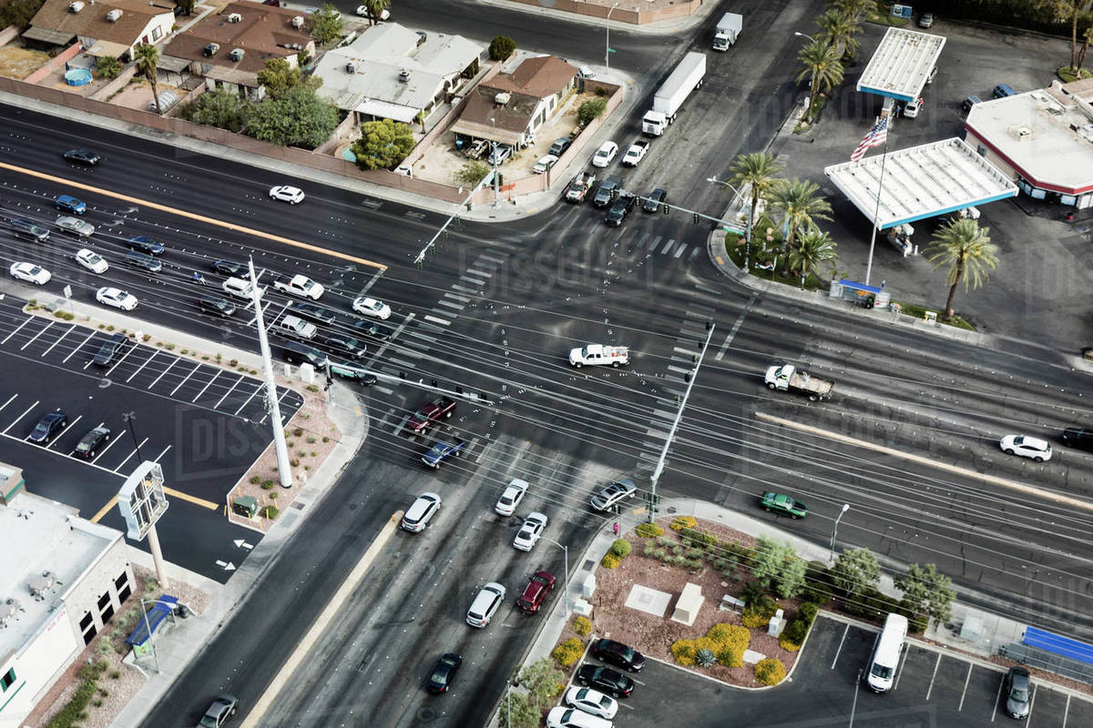 High angle view of cars moving on intersecting roads in city, Las Vegas ...