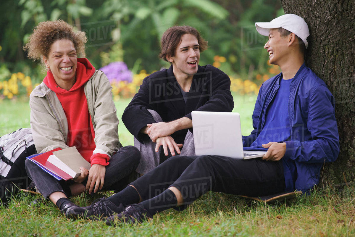 Happy friends relaxing below tree on grassy field at park - Royalty ...