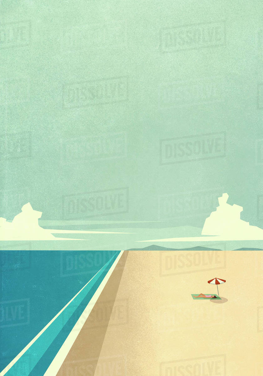 Woman sunbathing under umbrella on remote ocean beach - Royalty-free ...