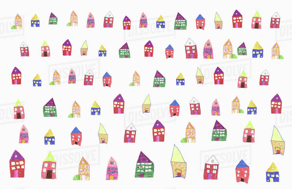 Childs drawing of multi colored houses in a row on white background ...
